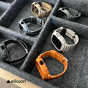 elkson Made for Apple Watch Ultra 2 1 Band case 49mm Screen Protector Tempered Glass, Quattro Pro Series Rugged for iWatch Bumper Strap Military Grade Durable Protective Cover Shock Proof Brown Tan