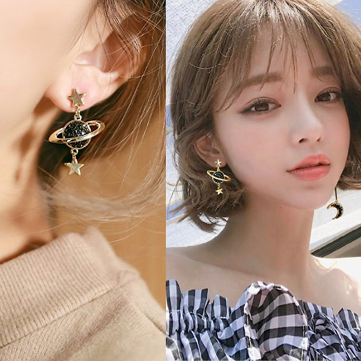 Moon And Star Dangle Earrings For Women Sterling Silver Hypoallergenic Sensitive Ears Unique Chic Kpop Asymmetry Design Boho Cubic Zirconia Planet Drop Earrings Jackets (Black)