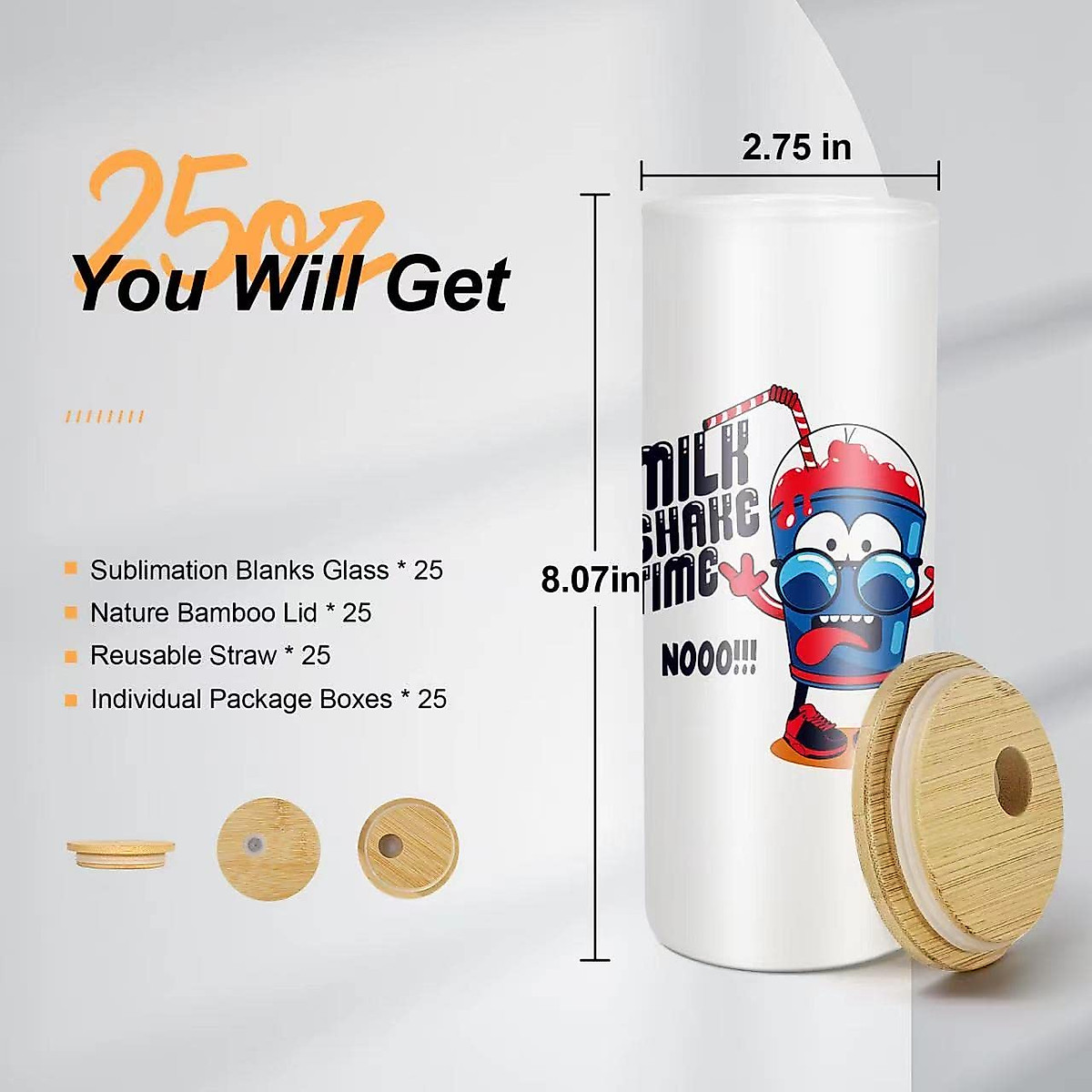 AGH 25 Pack Sublimation Glass Blanks with Bamboo Lids and Straws 25 oz Frosted Sublimation Glass Cups Straight Skinny Sublimation Beer Can Glass Tumbler for Iced Coffee, Juice, Soda