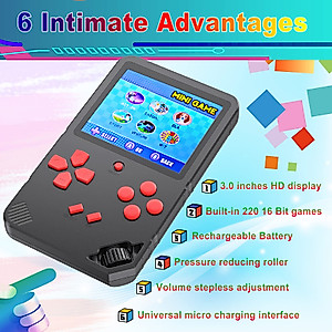 TEBIYOU Handheld Game Console for Kids Portable Gaming Player with Built in 220 16 Bit Electronic Video Games 3.0'' Large Screen Rechargeable Game System for Children's Birthday (Red)
