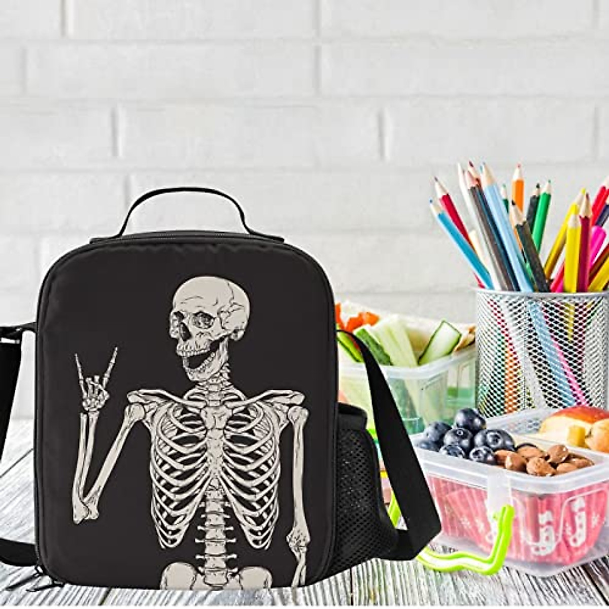 PrelerDIY Funny Skull Lunch Bag Tote Lunch Box Food Bag for Boys Girls with Zipper & Side Pocket & Shoulder Strap