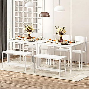 sogesfurniture 4 Piece Dining Table Set, Dinette Set Kitchen Table with Bench and Chairs, Kitchen Dinner Table with Benches for 4, Includes Table, 2 Chairs & Bench,White