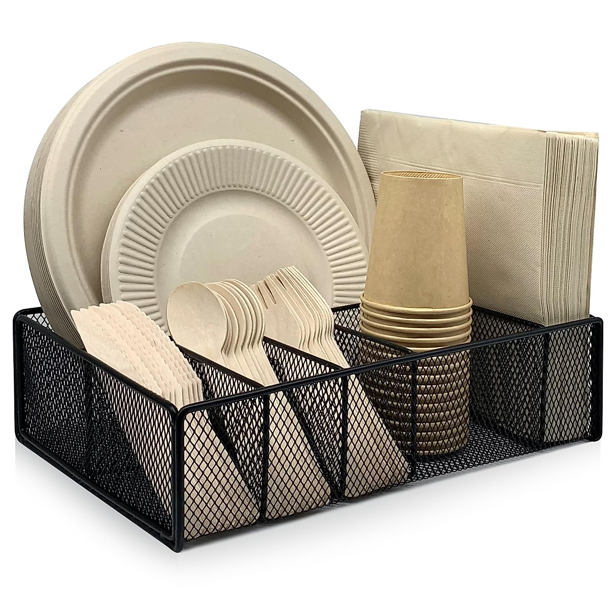 DysanVica Metal Paper Plate Dispenser - Utensil Holder for Kitchen Counter Cabinet Silverware Caddy Cutlery Flatware Organizer Storage Box for Plastic Spoon Fork Plates Napkins Cup Party Camping Black