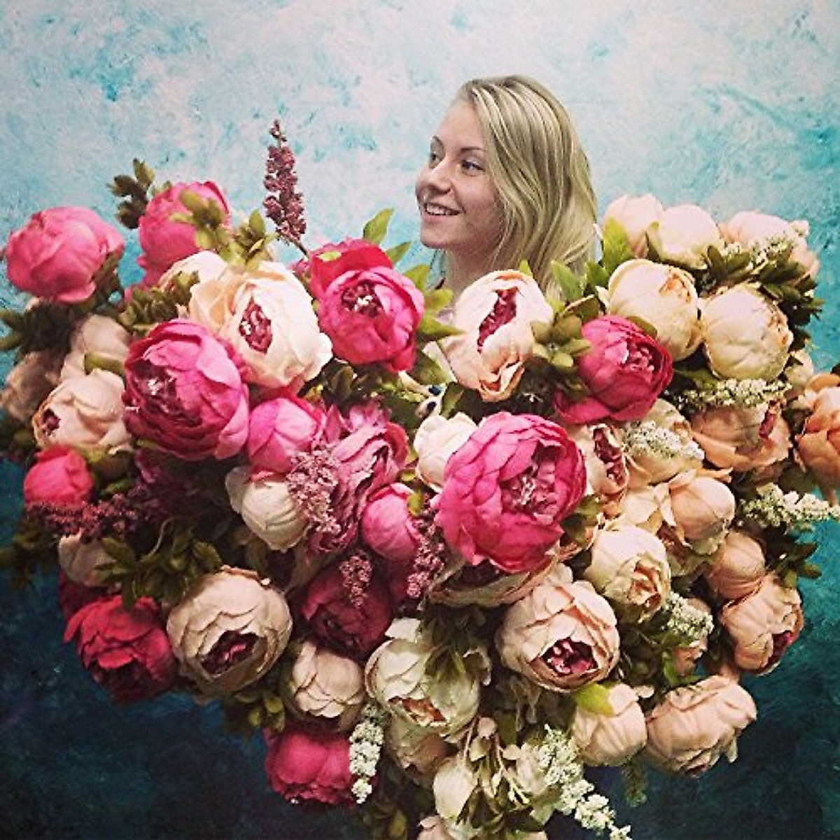 Luyue Vintage Artificial Peony Silk Flowers Bouquet Home Wedding Decoration -Light Pink