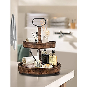 Tiered Tray Decor, Farmhouse Tiered Tray Round Brown Wooden Rustic Ornaments, Two Tiered Tray for Coffee Plate Cakes Dessert Fruit Platters