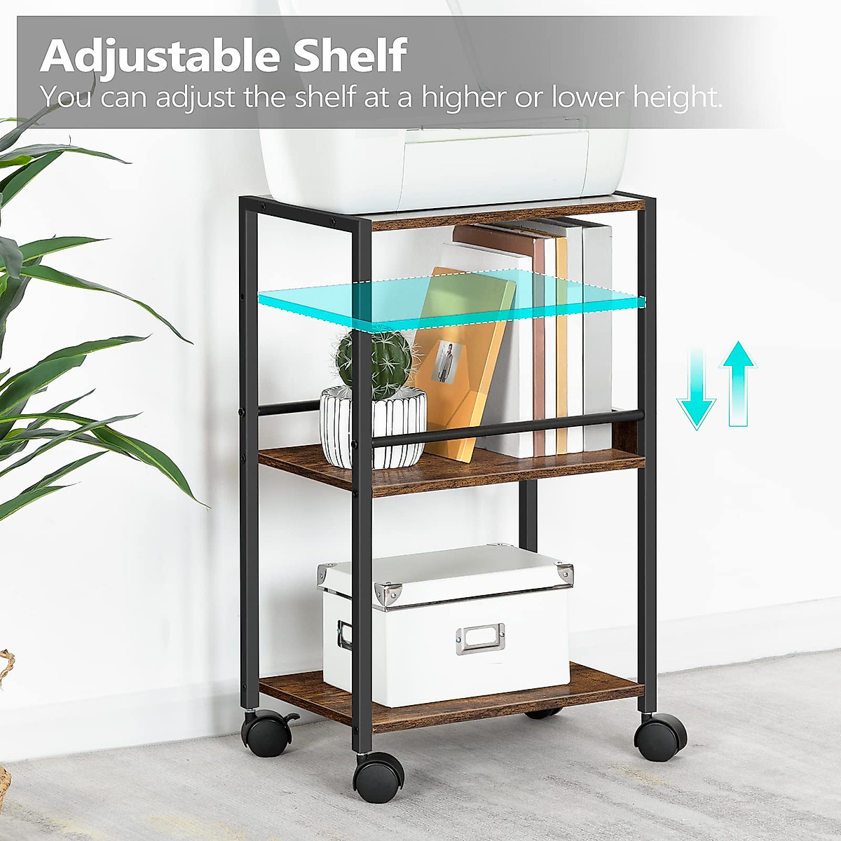 MAHANCRIS Printer Stand with Adjustable Storage Shelf, 3-Tier Computer Tower Stand with 2 Hooks, Rolling Printer Cart for Home Office Small Spaces, CPU Stand with Wheels, Rustic Brown PTHR6001Z