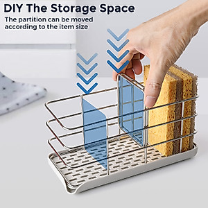 Damita Sponge Holder for Kitchen Sink, Stainless Steel Sink Caddy Organizer Rack, Brush Dish Soap Dispenser Bar Accessories Tray Drainer, with Drain Pan for Bathroom Countertop Storage