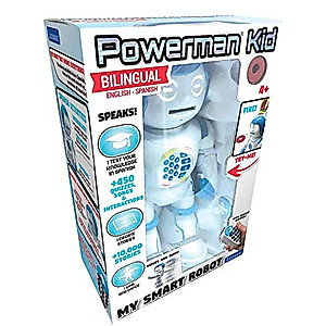 LEXIBOOK Powerman Kid - Educational and Bilingual English/Spanish Robot - Walking Talking Dancing Singing Toy - STEM Programmable Telling Creating Stories - Quizzes Shooting Discs for Kids - ROB90US