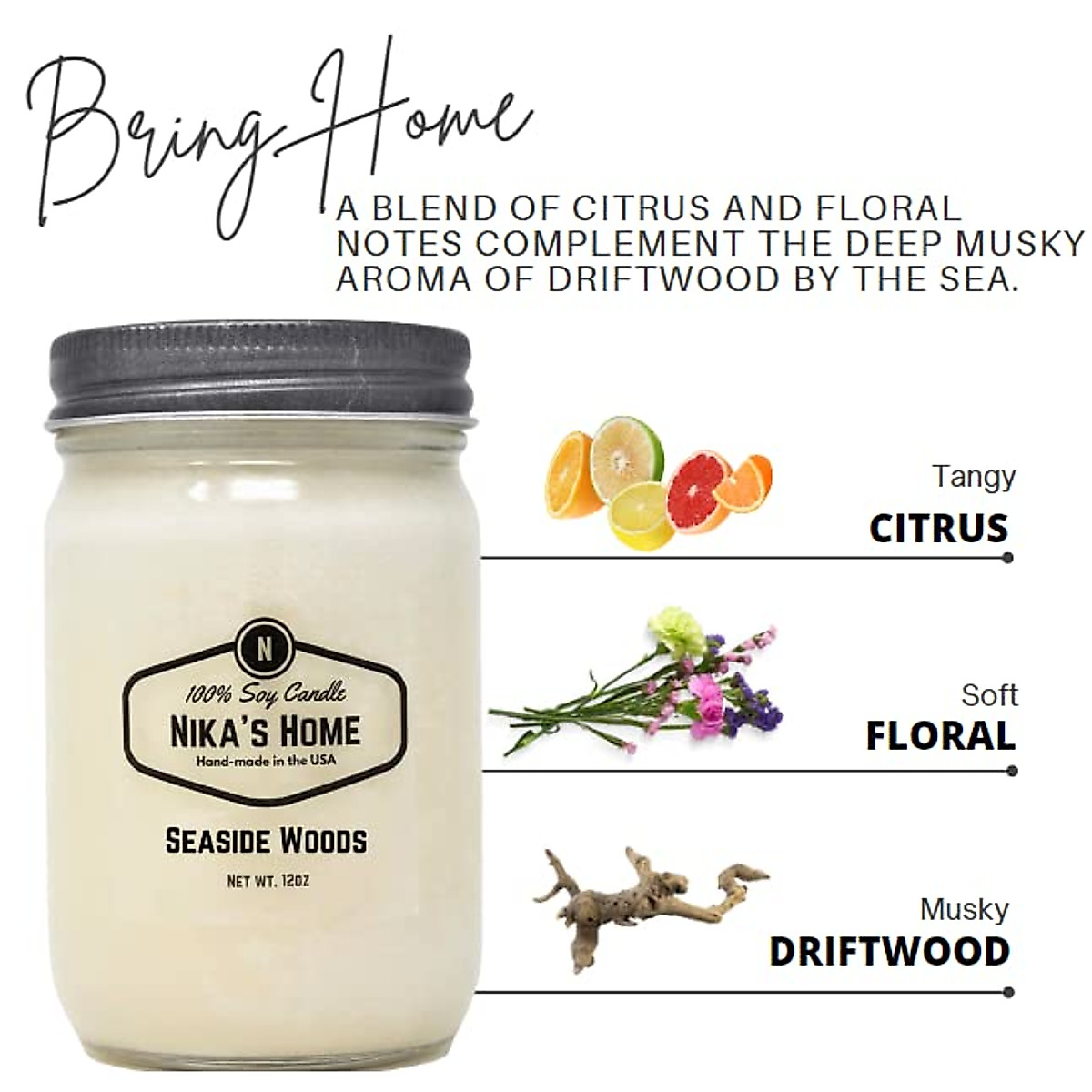 Nika's Home Seaside Wood Soy Candle 12oz Mason Jar Non-Toxic White Soy Handmade, Long Burning 50-60 Hours Highly Scented All Natural, Clean Burning Large Candle Gift Décor