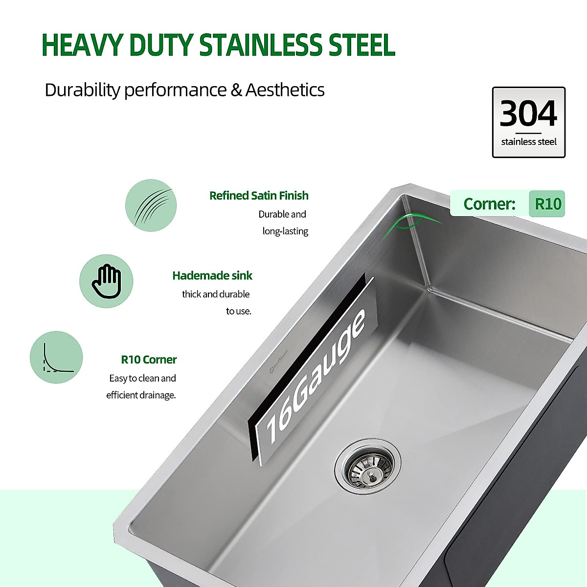 EcoChannels Undermount Kitchen Sink, 32 x 19 Inch Sink Kitchen 16 Gauge Stainless Steel Large Kitchen Sinks Single Bowl