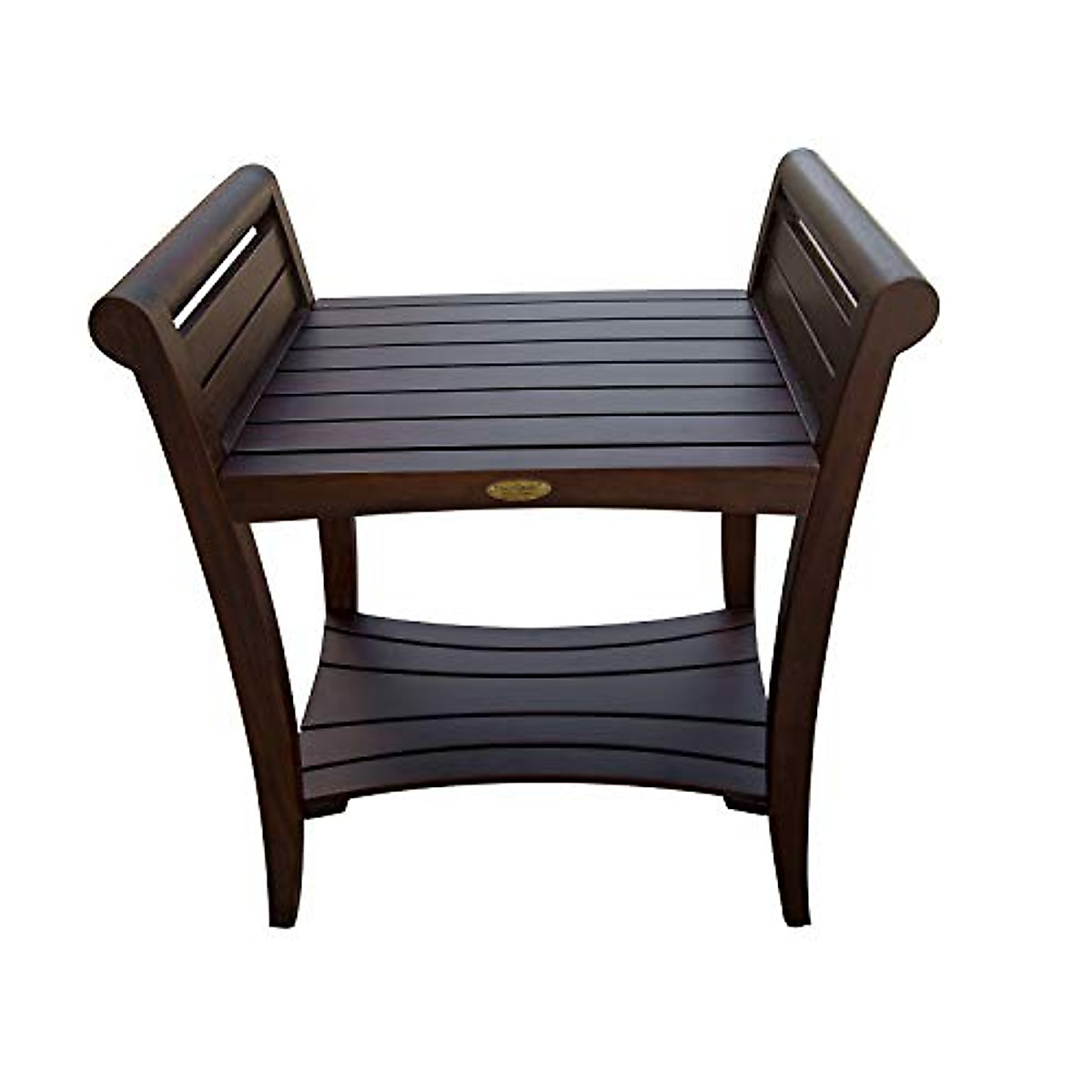 DecoTeak Symmetry Teak Shower Bench 24" Long Extended Height Wood Shower Stool with Shelf and LiftAide Arms Shower Bench in Woodland Brown Finish