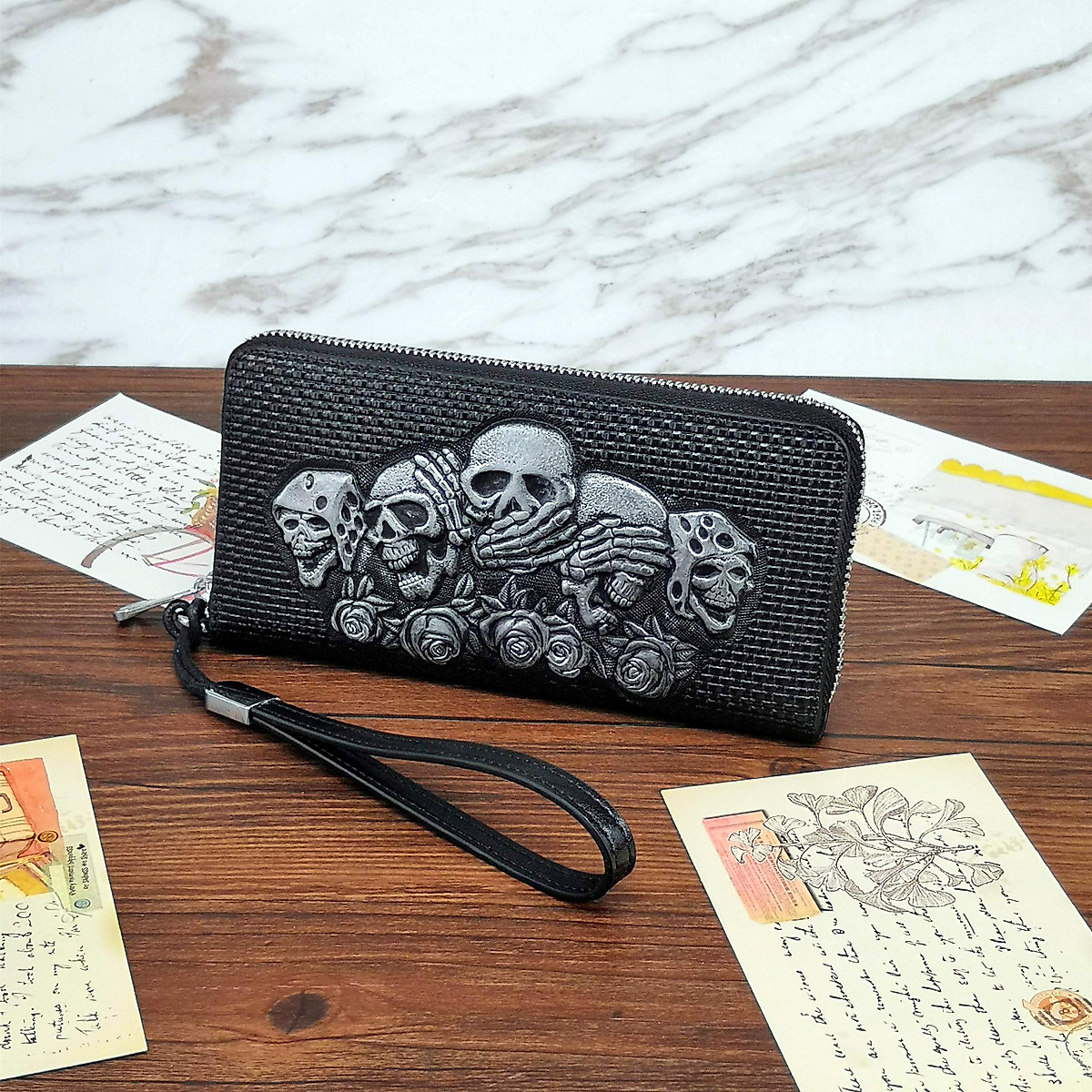 ABC STORY Womens Steam Punk Gothic Genuine Leather Rose Skull Travel Phone Wallet Purse Wristlets Clutch Handbag Black