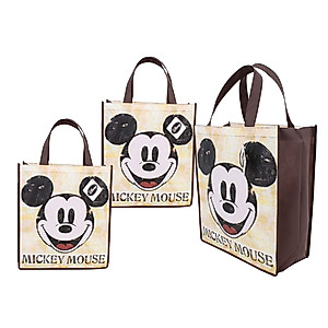 Disney [3-Pack] Mickey Mouse Vintage Style Large 15-inch Reusable Shopping Tote or Gift Bag, Brown