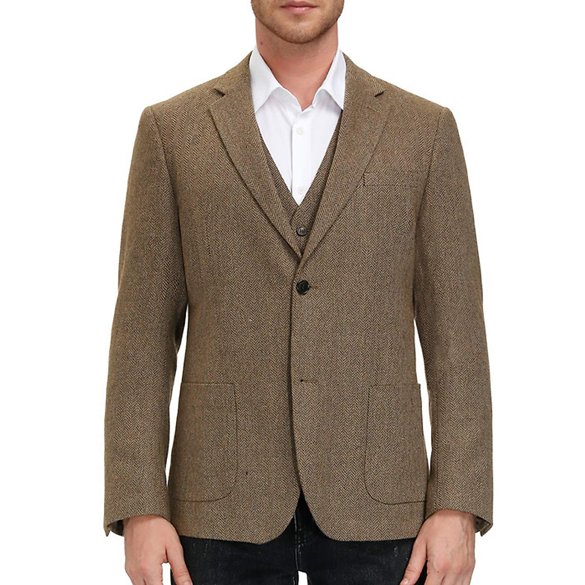 Men's Irish Wool Blend Blazer Notch Lapel Herringbone Tweed Sport Coat Coffee L