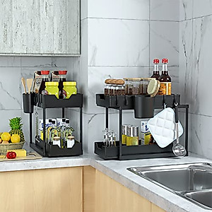 GAIPSWE 2 Pack Under Sink Organizers and Storage,2-Tier Double Sliding Cabinet Basket Organizer,Multi-purpose Storage Shelf for Bathroom Kitchen,Black