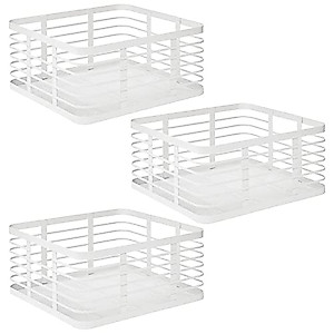 mDesign Steel Metal Wire Kitchen Food Storage Organizer Bin Basket for Pantry Organization - Wired Farmhouse Basket with Handle for Shelves - Carson Collection - 3 Pack, White