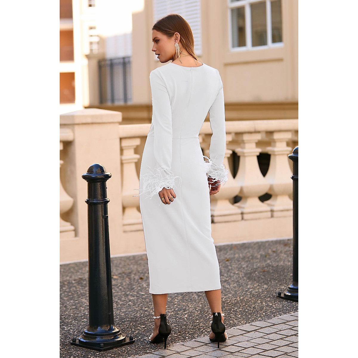 PRETTYGARDEN Women's 2024 Fall Long Sleeve Dress Formal Midi Bodycon Wrap Slit Feather Elegant Wedding Guest Cocktail Dresses (Beige White,Large)