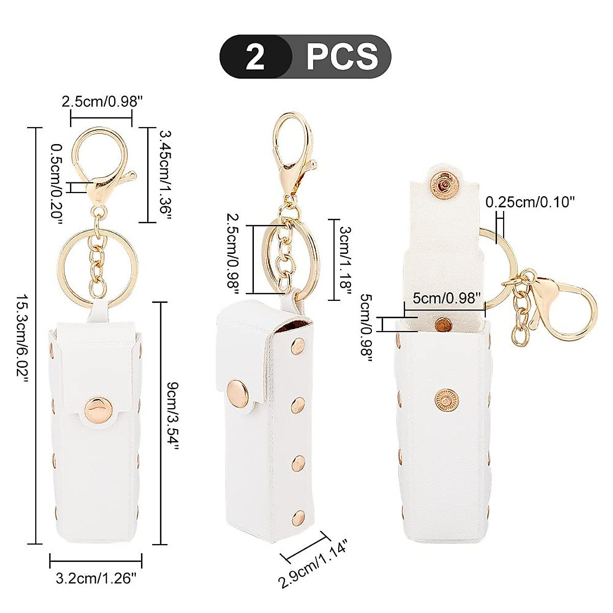 WADORN 2pcs Chapstick Keychain Holder, 6 Inch PU Leather Lipstick Organizer Holder with Keychain Mini Lip Gloss Travel Storage Case Portable Snap-On Lip Balm Sleeves for Women Gift,White