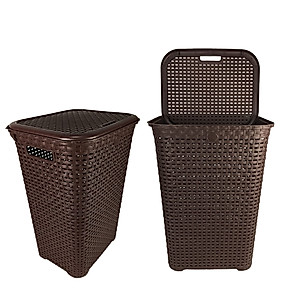 Elly décor Set 2 Rattan 12 gallons Tall Plastic Laundry Hamper, Laundry Basket with Cutout Handles, Washing Bin, Dirty Clothes Storage, Bathroom, Bedroom, Closet, 48 lts Chocolate