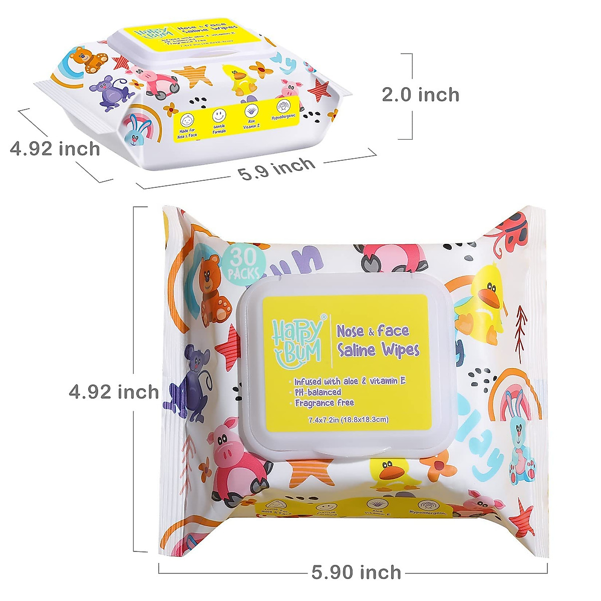 Baby Wipes - HAPPY BUM Saline Baby Wipes, Unscented, 360 Count (12 Packs of 30 Wipes) Saline Face Wipes