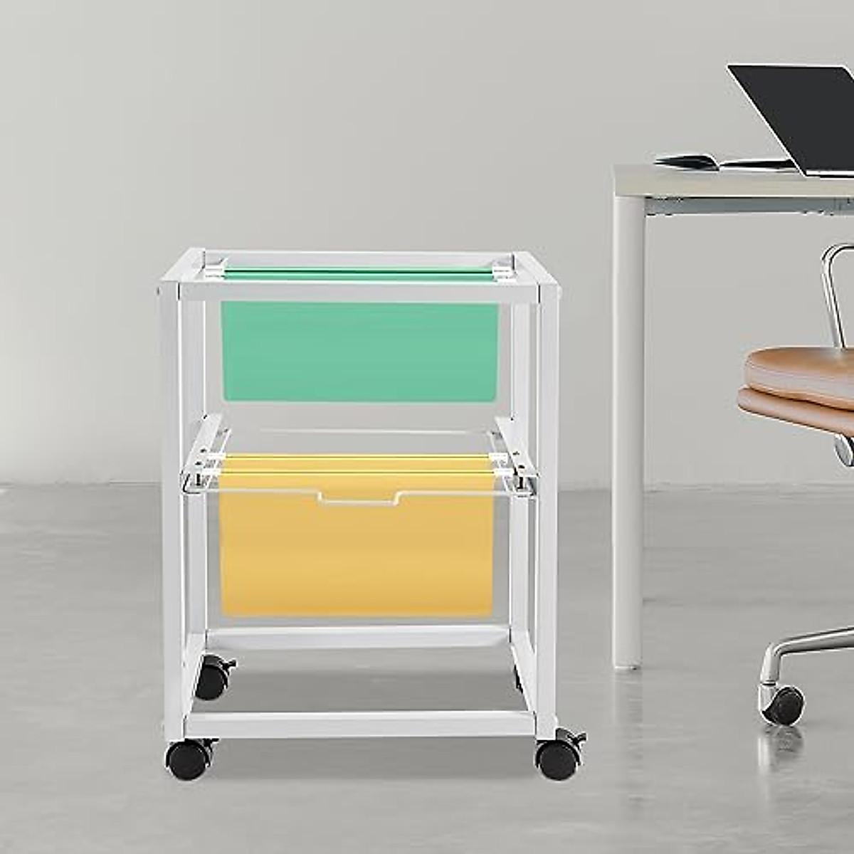 LyeXD 2 Tiers Metal Rolling File Carts w/Wheels, Modern Hanging Files Frame Files for Documents, Movable Pull-Out File Folder Rack Rolling File Organizer for Office, Classroom, White