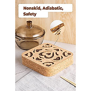NTReasy 5pcs Cork Trivet, High Density Thick Cork Coaster Set for Hot Dishes and Hot Pots, 7.68in Boho Square Heat Resistant Multifunctional Cork Board, Hot Pads for Kitchen Table Countertop