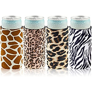 Casa-Eco Soft Velvet Fabric Neoprene Slim Can Cooler, 12oz Beverage Skinny Cans Sleeves for Girls, Wedding, Bachelorette Party, Events, 4 Pack (Leopard-Zebra-Giraffe-Cheetah)