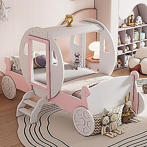 Twin Size Girls Bed Princess Bed, Little Girl Cute Bed with Headboard, Wooden Platform Bed for Children Bedroom, Pink