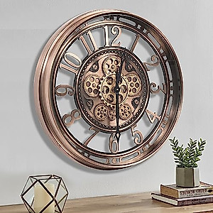 CLXEAST Moving Gear Wall Clock for Modern Living Room Decor, Large Industrial Clock with Steampunk Gears, Big Arabic Numerals, Rose Gold Metal for Office, Bronze Copper (21 Inch)