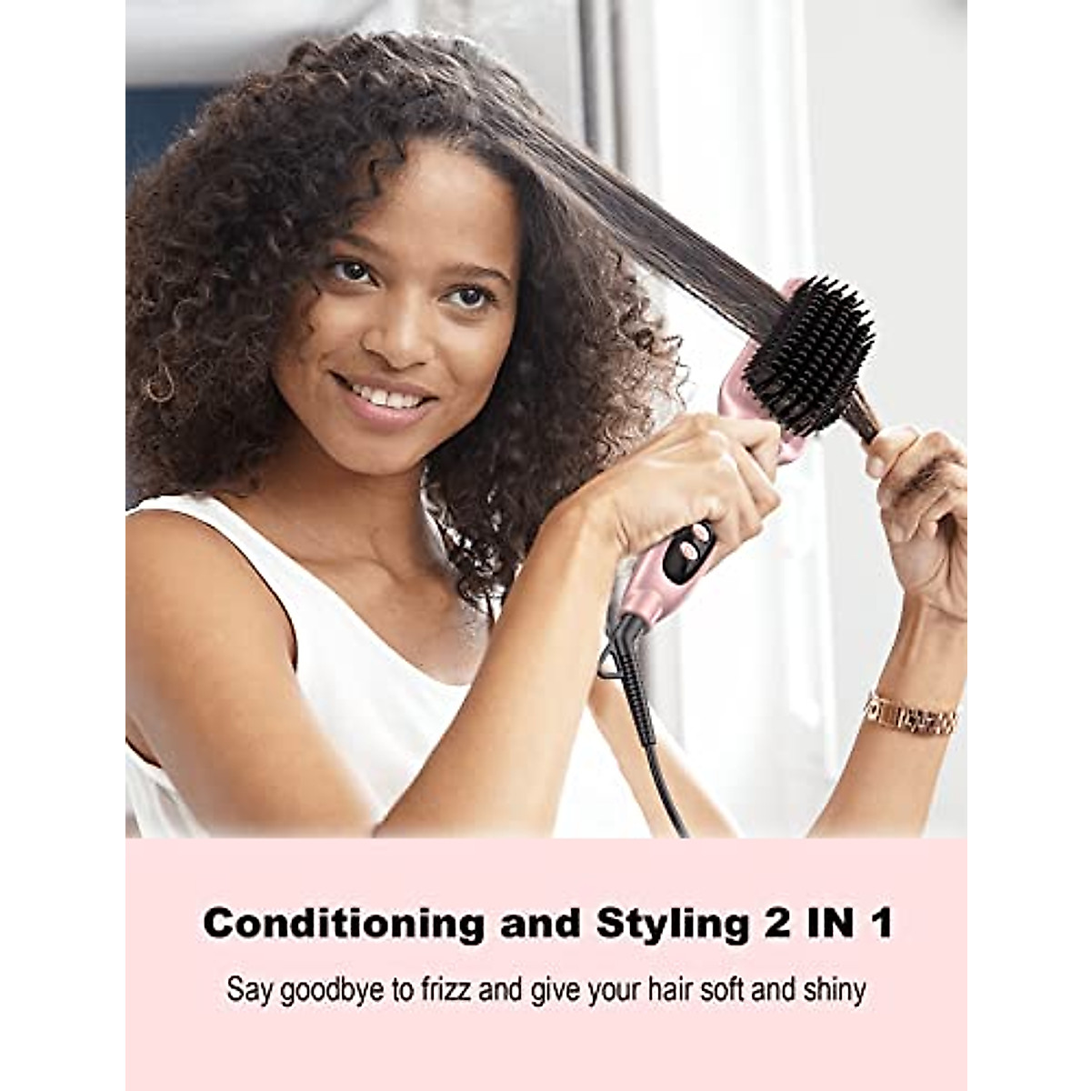 LANDOT Hair Straightener Brush Heated Straightening Brush: Negative Ion Hot Hair Brush for Smooth Frizz-Free Hair - Ceramic Flat Iron Brush - Dual Voltage Fast Heating Rose Gold