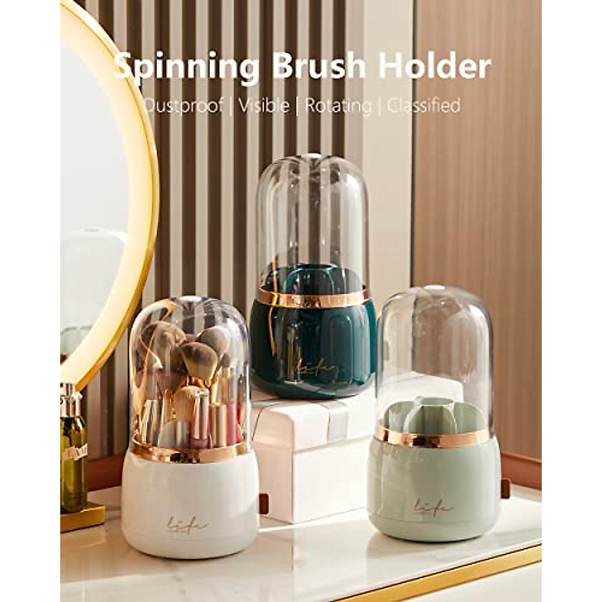 Lebenrich Rotating Makeup Brush Holder Organizer with Lid, Spinning Brush Holder Makeup Organizer with Clear Cover, Acrylic Cosmetics Make Up Brushes Storage Cup Container for Vanity (Light Green)