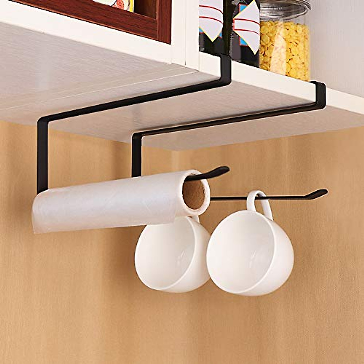 Paper Towel Holder, Black Steel Roll Paper Holder Hanger Storage Organizer for Kitchen Cabinet Paper Towel Rack