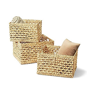 Artera Oversize Wicker Storage Basket - Set of 3 Woven Water Hyacinth Blanket Baskets with Handle, Rectangular Natural Nesting Floor Storage Bins for Living Room, Bedroom or Laundry Room