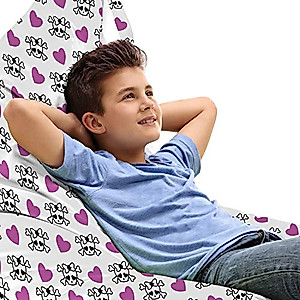 Ambesonne Teen Lounger Chair Bag, Funky and Girlish Youth Pattern Emo Skulls with Bowknots Bones and Hearts, High Capacity Storage with Handle Container, Lounger Size, Violet Black White