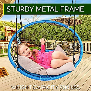 SereneLife Web Chair Swing 35.5" Inch Hanging Netted Seat Kids Indoor Outdoor Yard Round Circle Saucer Swing for Trees or Swing Sets - All Season UV Resistant Rope Net Swing