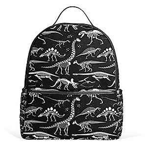 WIHVE School Backpack Black And White Dinosaur Skeleton Waterproof Students Bookbags