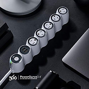 360 Electrical PowerCurve Power Strip, Extension Cord with Multiple Outlets and 2 3.4A USB Ports, 5 Rotating Outlets, Outlet Extender 6 ft, Surge Protector Power Strip with USB Ports, White