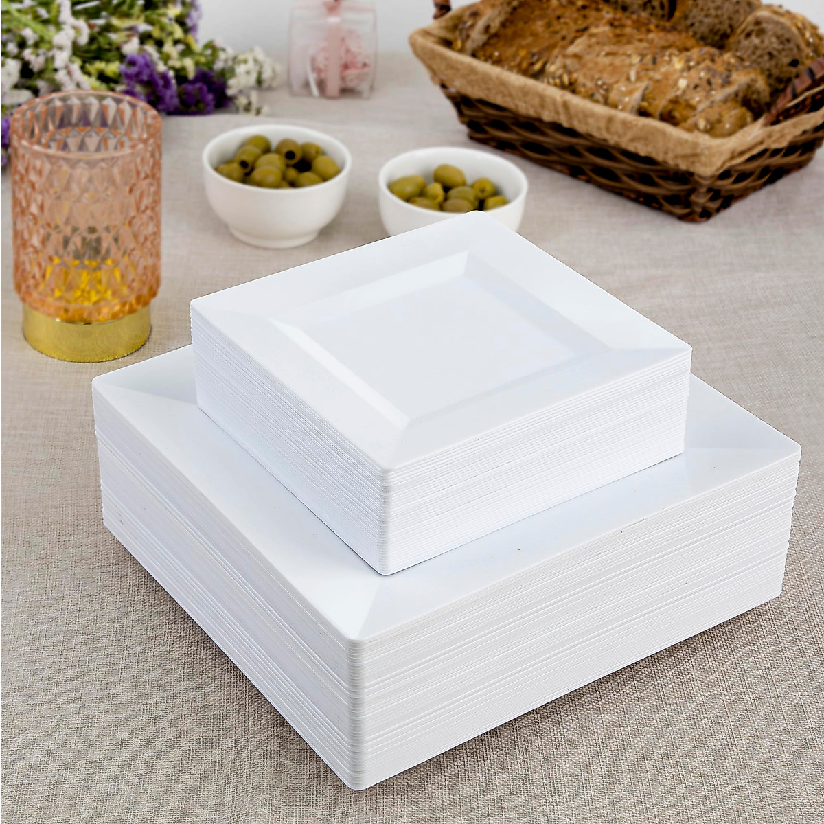 SETUP [100 Piece Combo White Square Plates, Disposable Plastic Plates - Premium Heavy-Duty 50 Disposable 9.5" Dinner Party Plates and 50 Disposable 6.5" Salad Plates