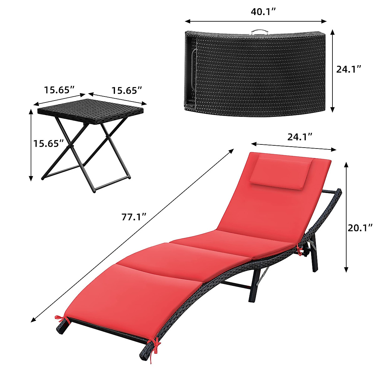 GUNJI Lounge Chairs for Outside 3 Pieces Patio Adjustable Chaise Lounge Outdoor Wicker Lounge Chairs Set of 2 with Table Folding Chaise Lounger for Poolside, Deck, Lawn (Red)