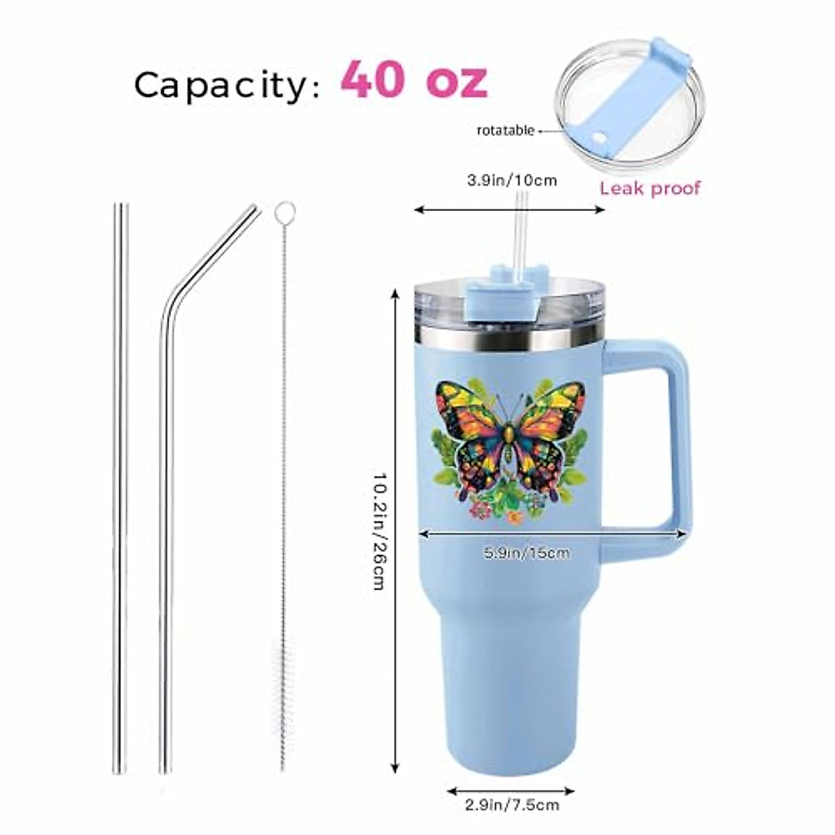 LB LEOBON 40 ounce insulated cup with handle, double-layer vacuum stainless steel material, equipped with straw, can keep warm or maintain cold drinks Butterfly Flowers 2 wathet
