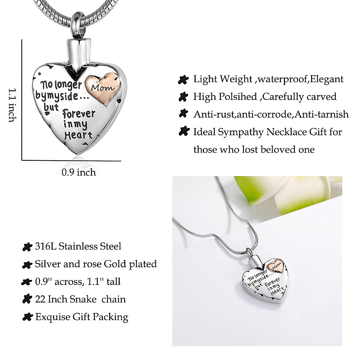 RIMZVIUX Heart Urn Necklace for Ashes Mom Stainless Steel Cremation Jewelry Urns for Human Ashes Pendant Keepsake With 22 Inch Snake Chain …