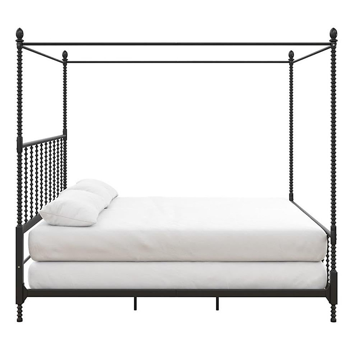 Pemberly Row King Size Canopy Bed with Headboard, Footboard, Metal Slats in Metal, in Black, No Box Spring Needed, Easy Assembly
