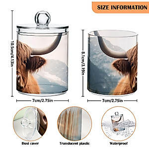 SDMKA 2 Pack Apothecary Jars Bathroom Highland Cow Qtip Holder Dispenser Clear Plastic Storage Canister Jar with Lid for Cotton Ball, Cotton Swab