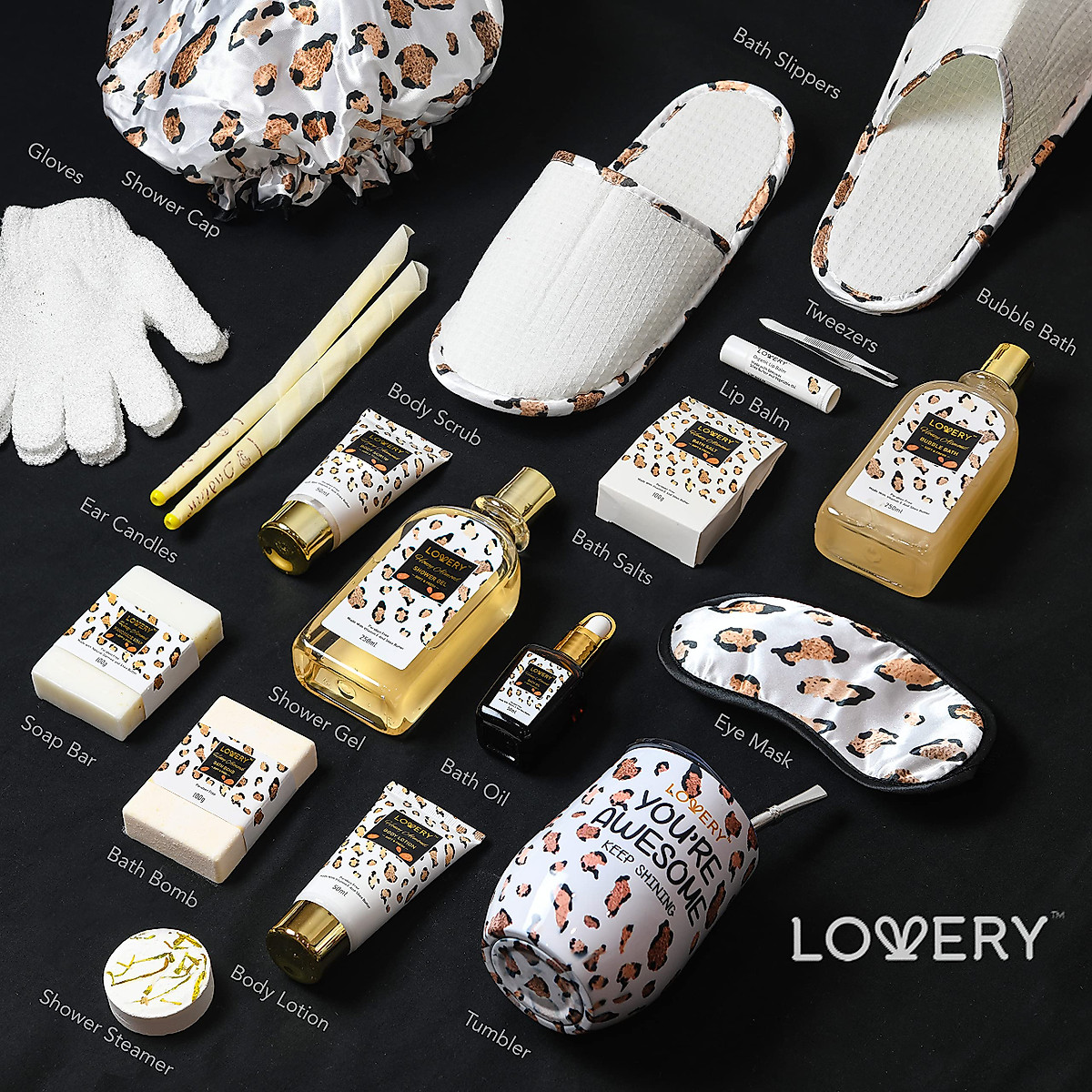 Valentines At-Home Spa Kit with Honey Almond Scent, Bath Gift Basket - Vit E-Rich Bath Essentials, Tumbler, Ear Candles, Bath Oil, Salts, Shower Steamer, Organic Lip Balm & More in Leopard Basket, 21