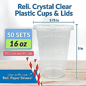 Reli. Plastic Cups with Lids, 16 oz (50 Sets) | Clear Plastic Cups with Lids | 16 oz Plastic Disposable Cups for Party, Coffee, Smoothies, To Go (16 ounce)