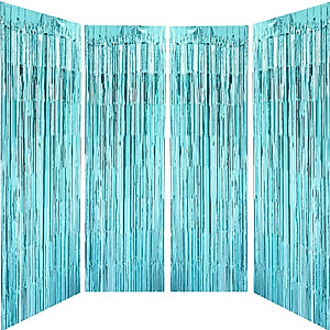 Light Blue Metallic Tinsel Foil Fringe Curtains Party Streamers Photo Booth Backdrop Ocean Theme Birthday Under The Sea Baby Shower Party Wedding Graduation New Year Party Celebration Decoration, 4PC