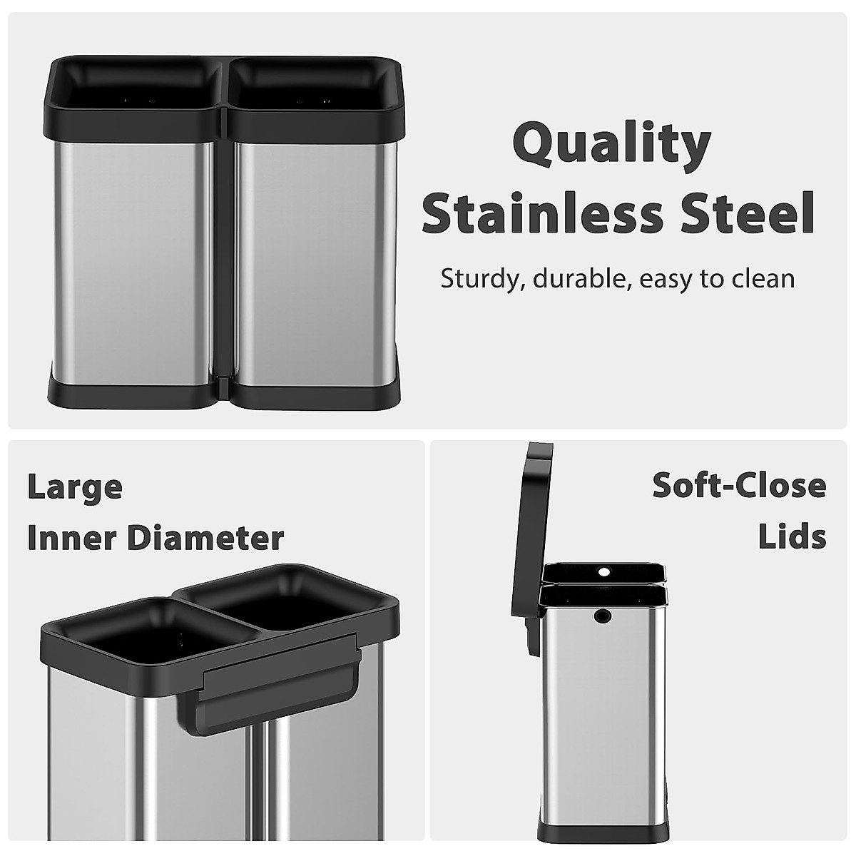 GarveeTech 13.2 Gal Dual Trash Can, Stainless Steel Kitchen Garbage Can, Open Top Waste Bins, Recycling Trash Can, 2 x 6.6 Gal