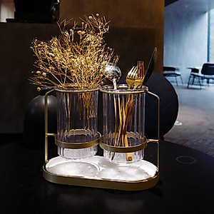 Kitchen Utensil Caddy, Plastic Draining Chopstick Cage Silverware Caddy for Party, Utensil Holder Flatware Caddy Cutlery Storage Organizer for Kitchen Decor and Countertop, Gold & White