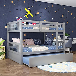 Olela Full Over Full Bunk Bed with Twin Trundle,Convertible Wood Full Bunk Bed Frame with Trundle Guard Rail Ladder for Kids Teens,No Box Spring Need,Gray