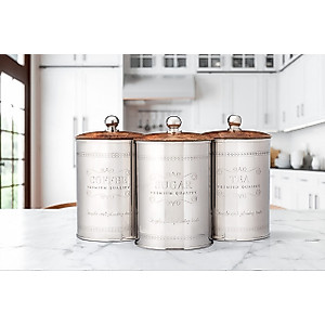 Old Dutch International 3 PC Nostalgia Etched, Tea, Coffee, Sugar, 1.4 Qt Each Canister Set, Silver/wood (21848)